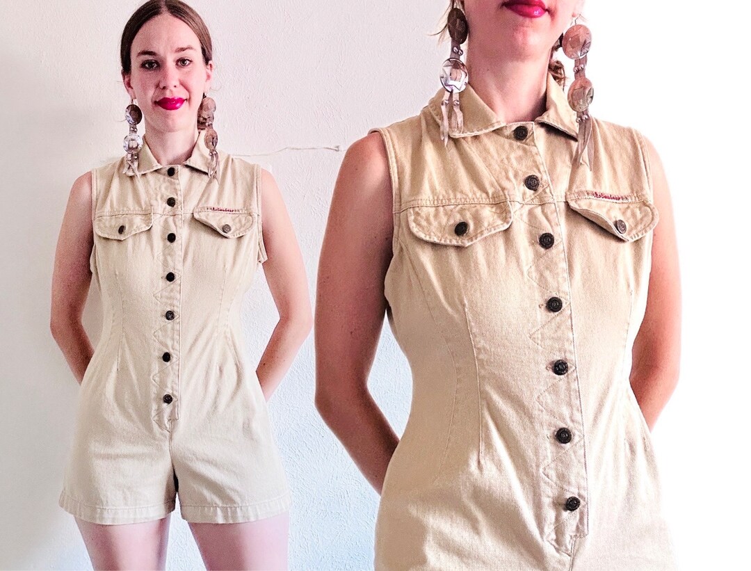 90s Vintage Denim Romper, XS, Tan Beige Cotton Utility Military ...