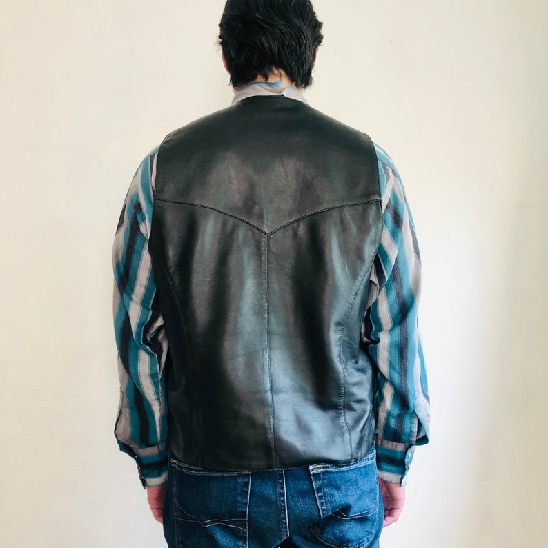 Vintage Leather Western Vest, Large, 80s 90s Black Rodeo Cowboy Biker ...