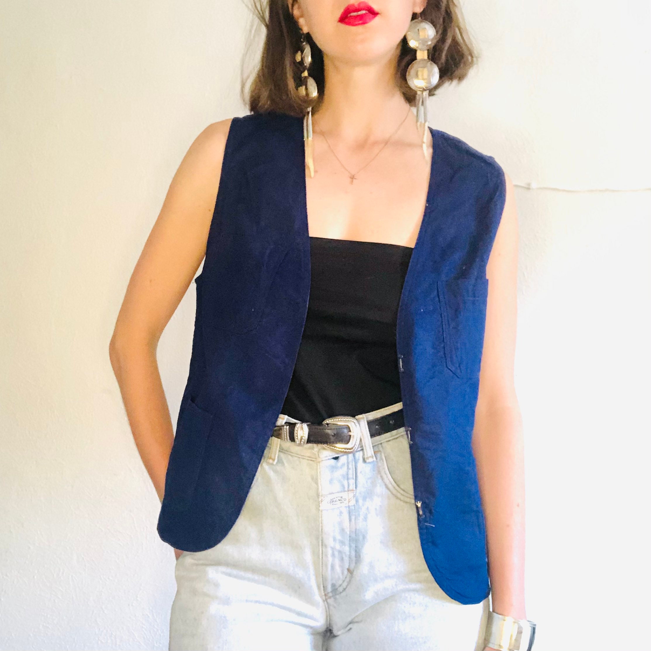 80s Linen Western Vest, Medium, Vintage, Navy Blue Western ...