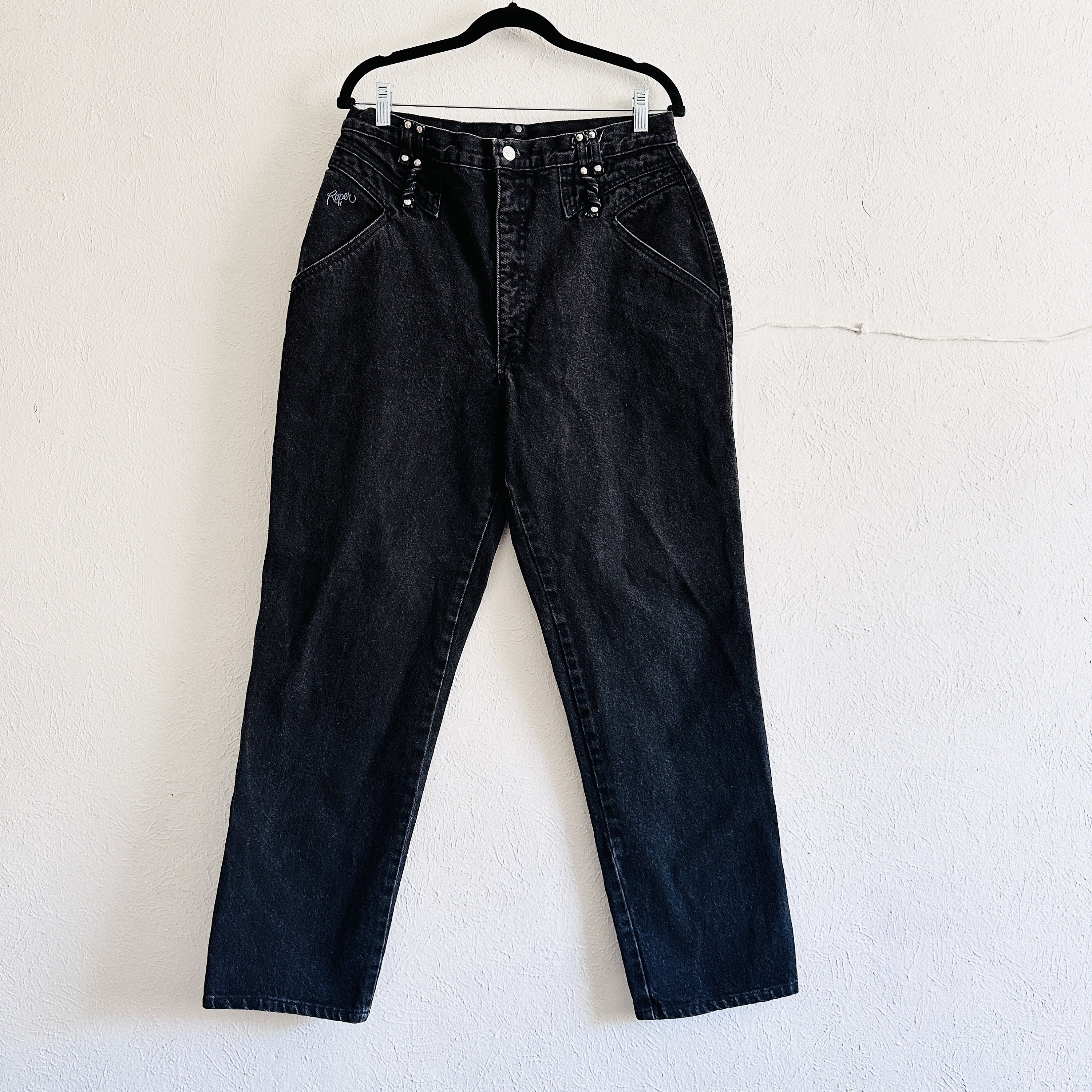 80s ROPER Black Jeans, 32 Waist, 90s Vintage Washed Studded Western ...