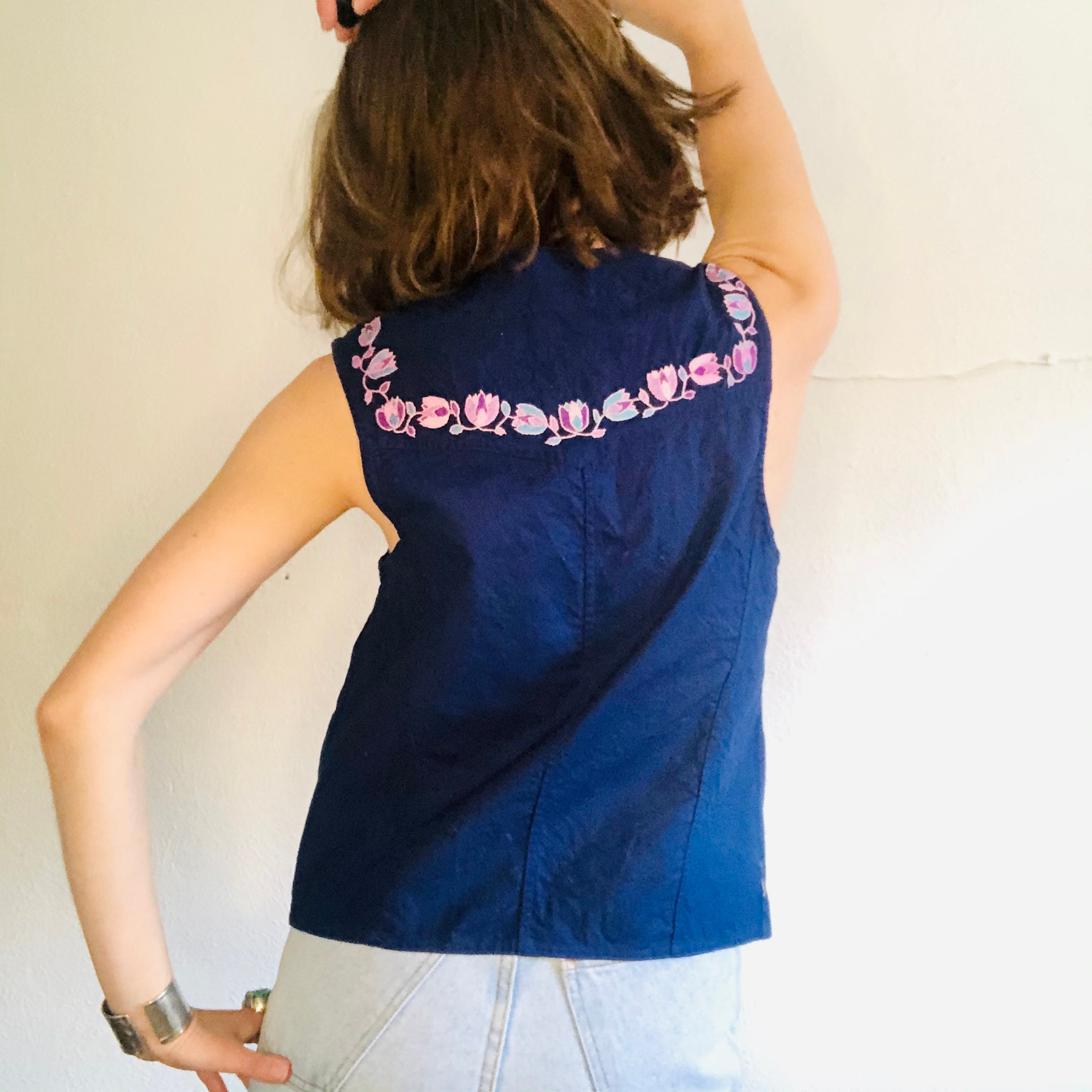 80s Linen Western Vest, Medium, Vintage, Navy Blue Western ...