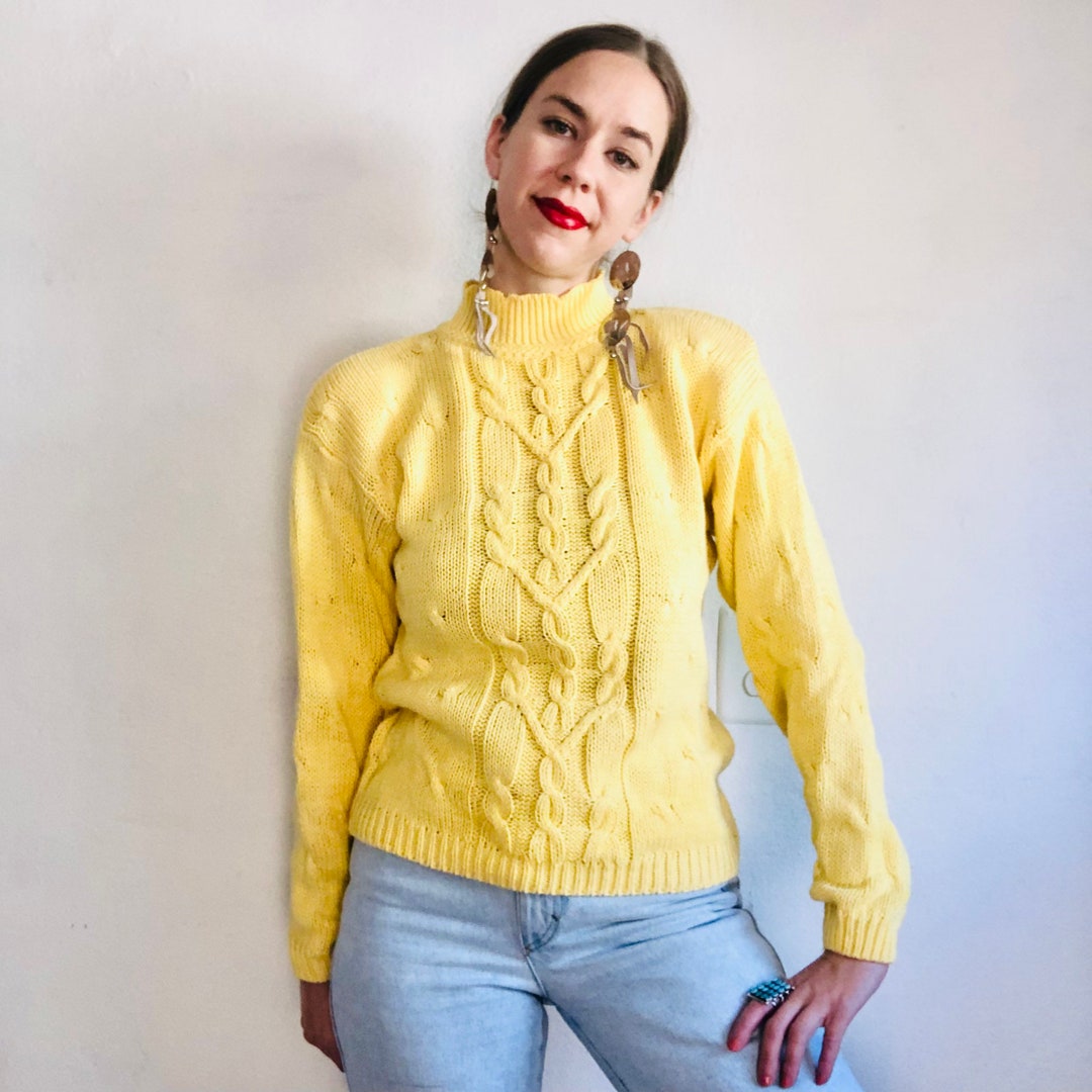 80s Yellow Cableknit Sweater, Small, 90s Vintage Cotton Blend Bright ...