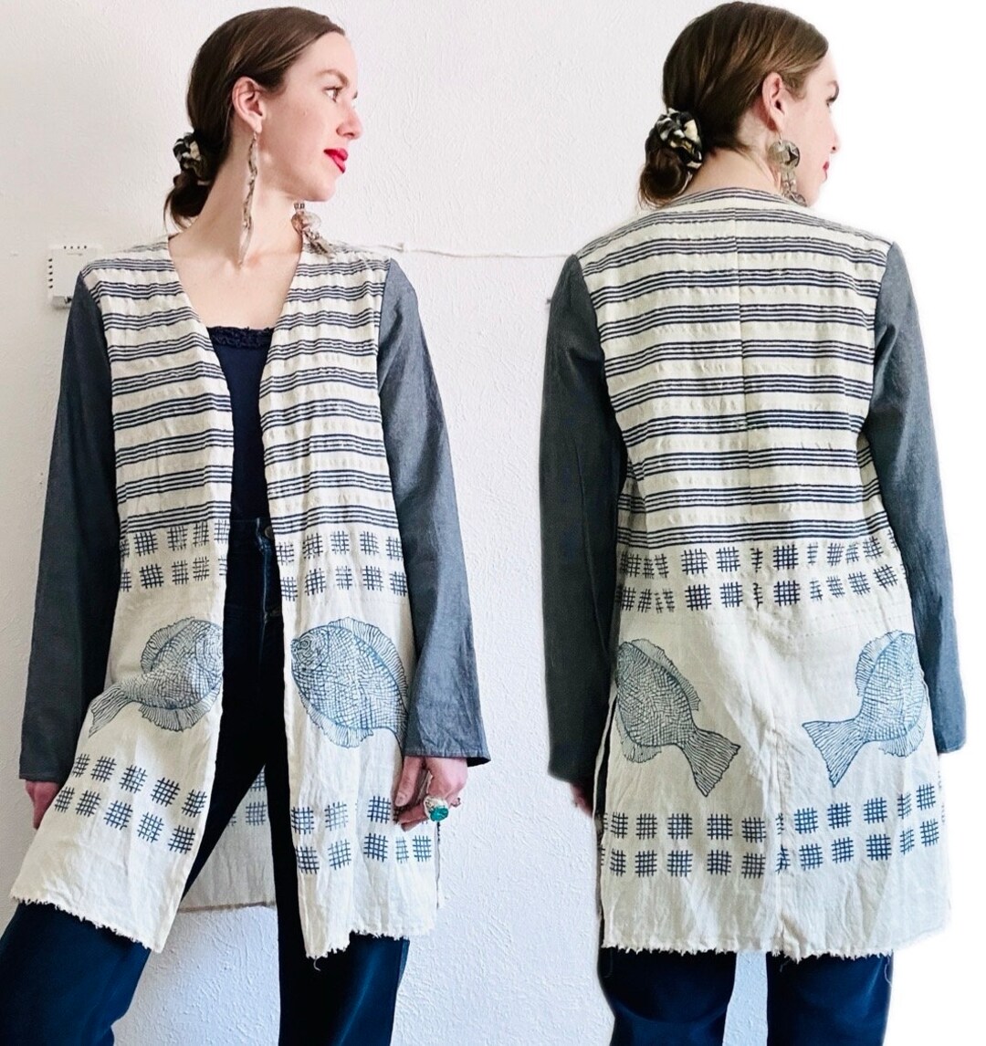 Indian Block Print Jacket, Small, Blue Ivory White Indigo Fish Pattern ...