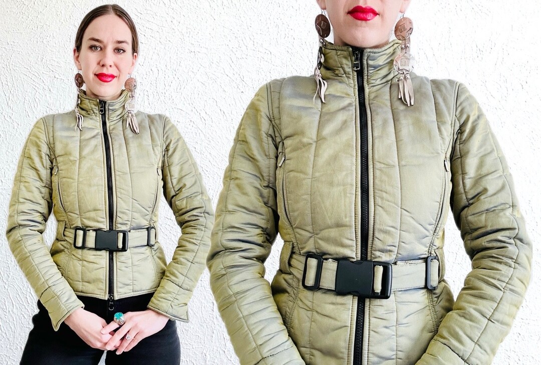 70s Iridescent Belted Puffer, Small, Green Quilted Ski Waterproof Down ...