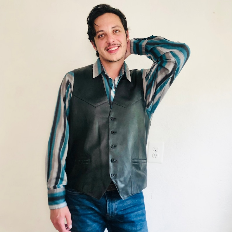 Vintage Leather Western Vest, Large, 80s 90s Black Rodeo Cowboy Biker ...