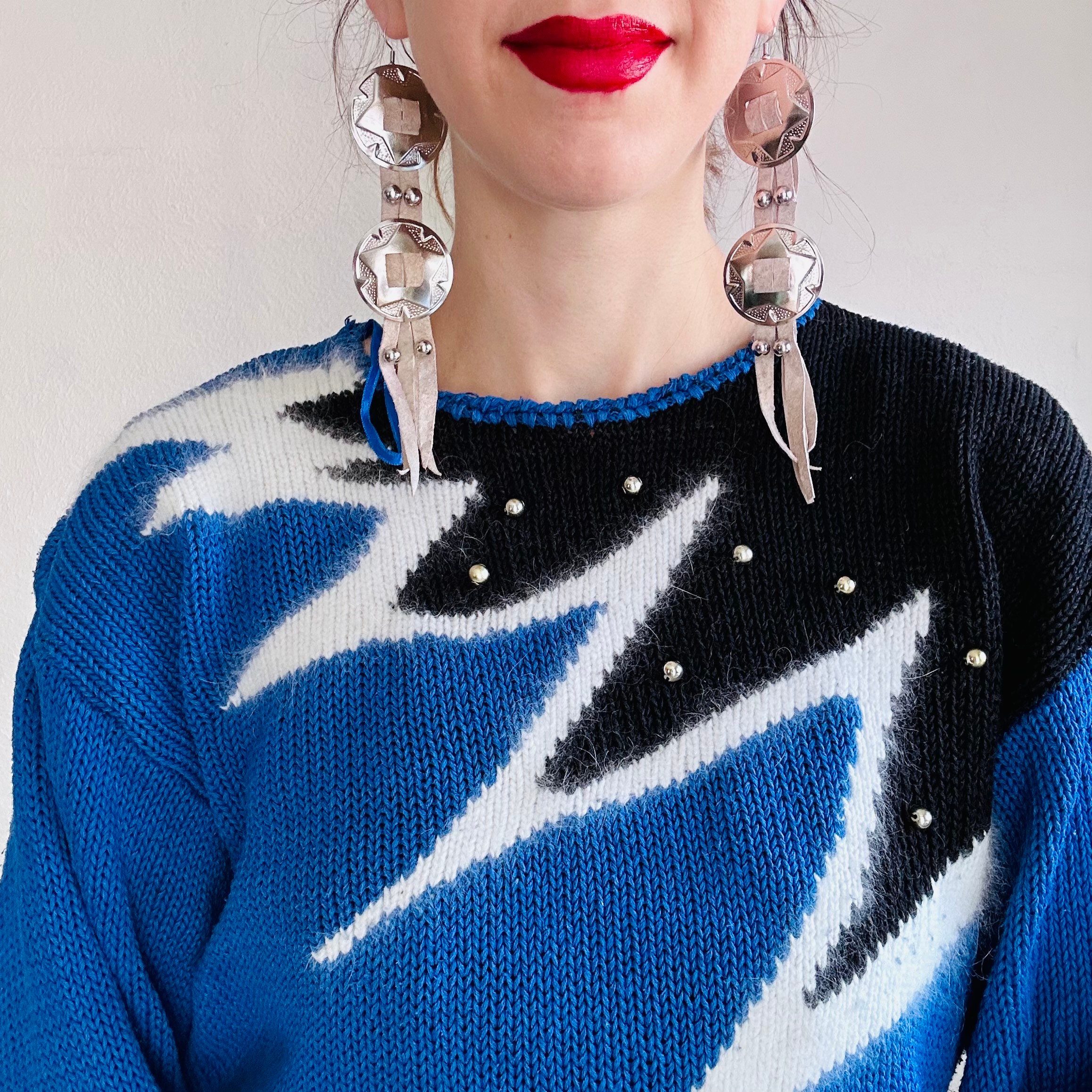 80s Vintage Colorblock Sweater, Size Medium, Cobalt Blue Black Color ...