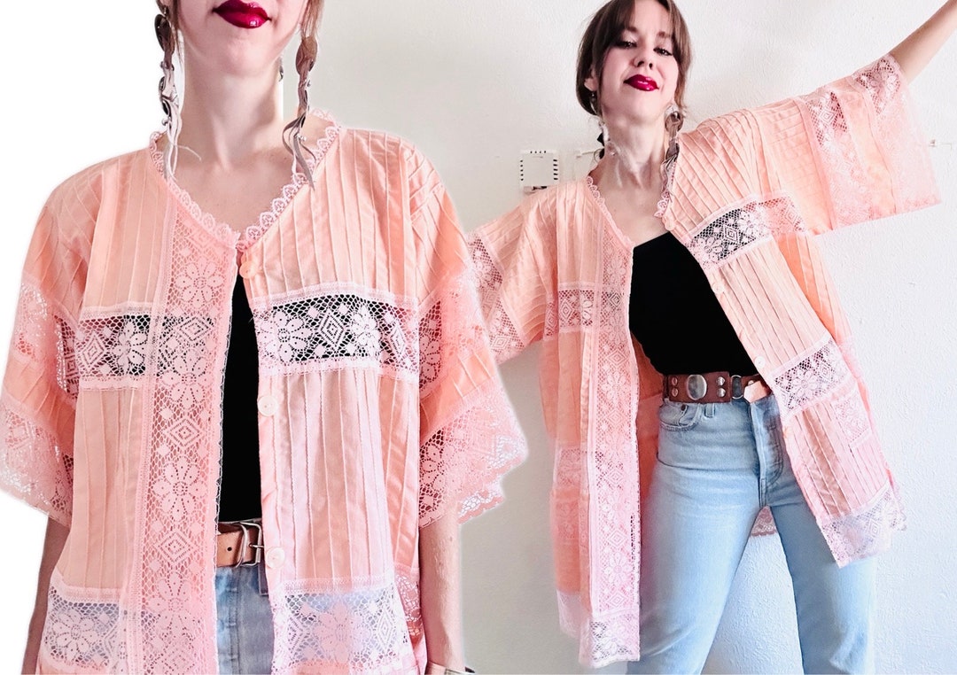 Vintage Pink Lace Duster, XL, Cottagecore Crochet Nightgown Loungewear ...