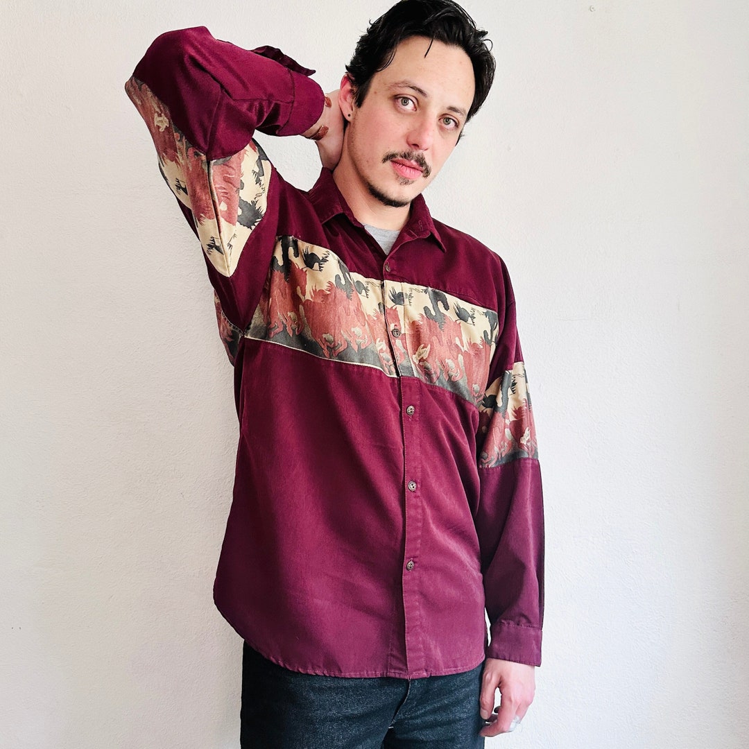 Vintage Color Block Western Shirt, Large, 80s 90s Dark Red Beige Horse ...