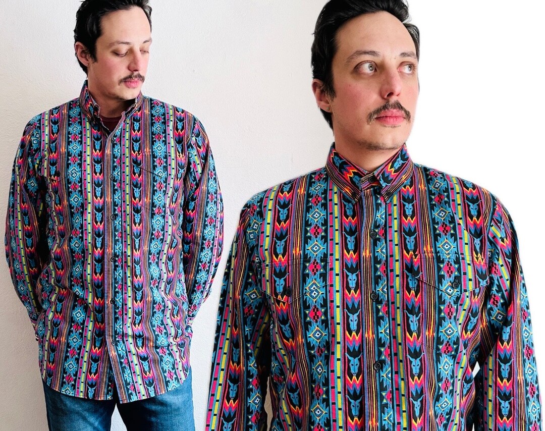 80s Neon Southwestern Shirt, Large, Mens Cotton Rainbow Striped Western ...