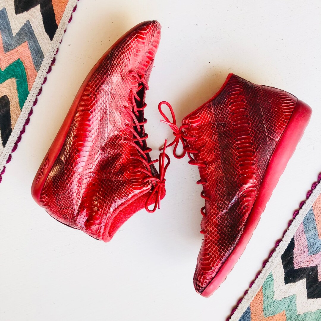80s Vintage Snakeskin Sneakers, Size 7.5, “SNAKERS” Red Genuine Leather ...