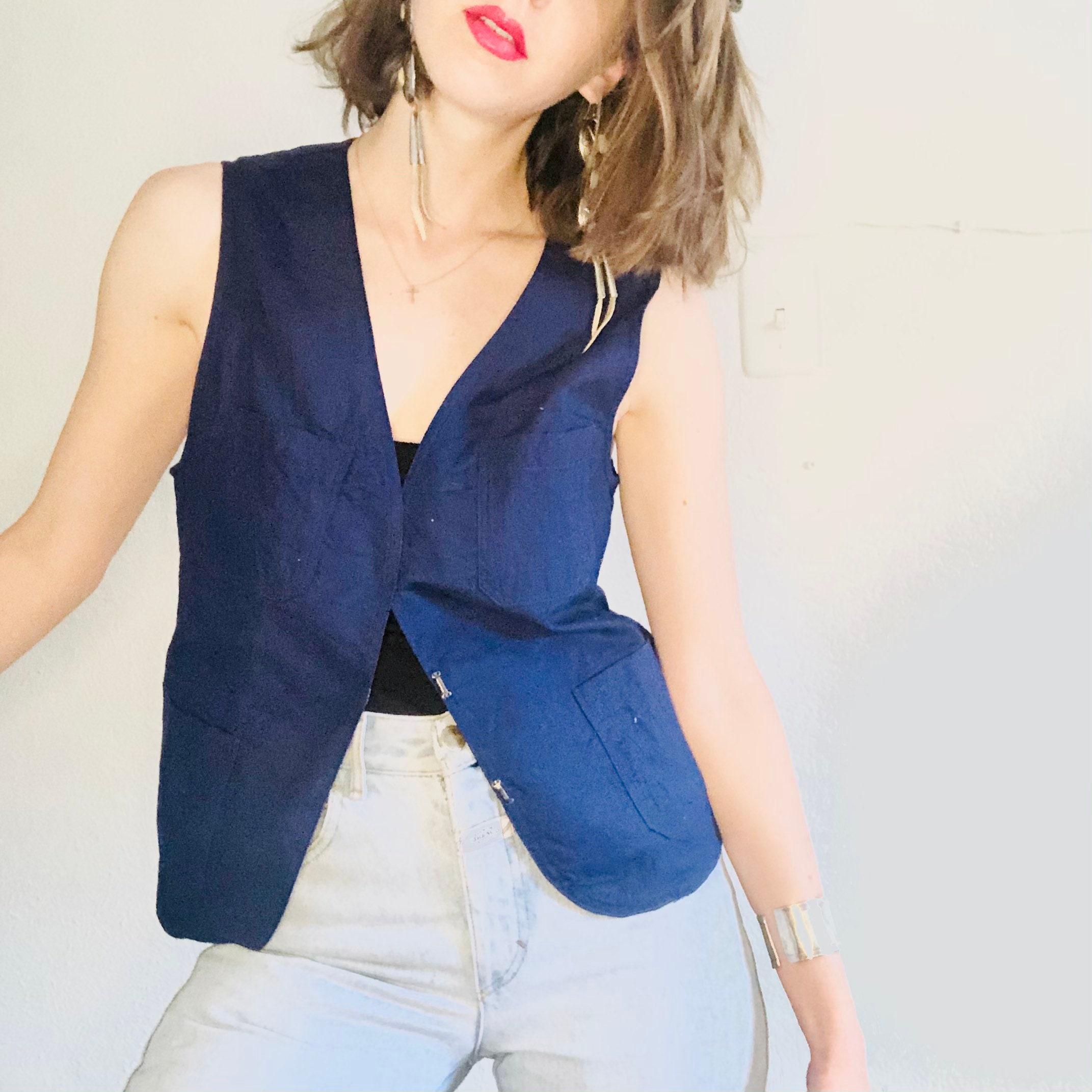 80s Linen Western Vest, Medium, Vintage, Navy Blue Western ...