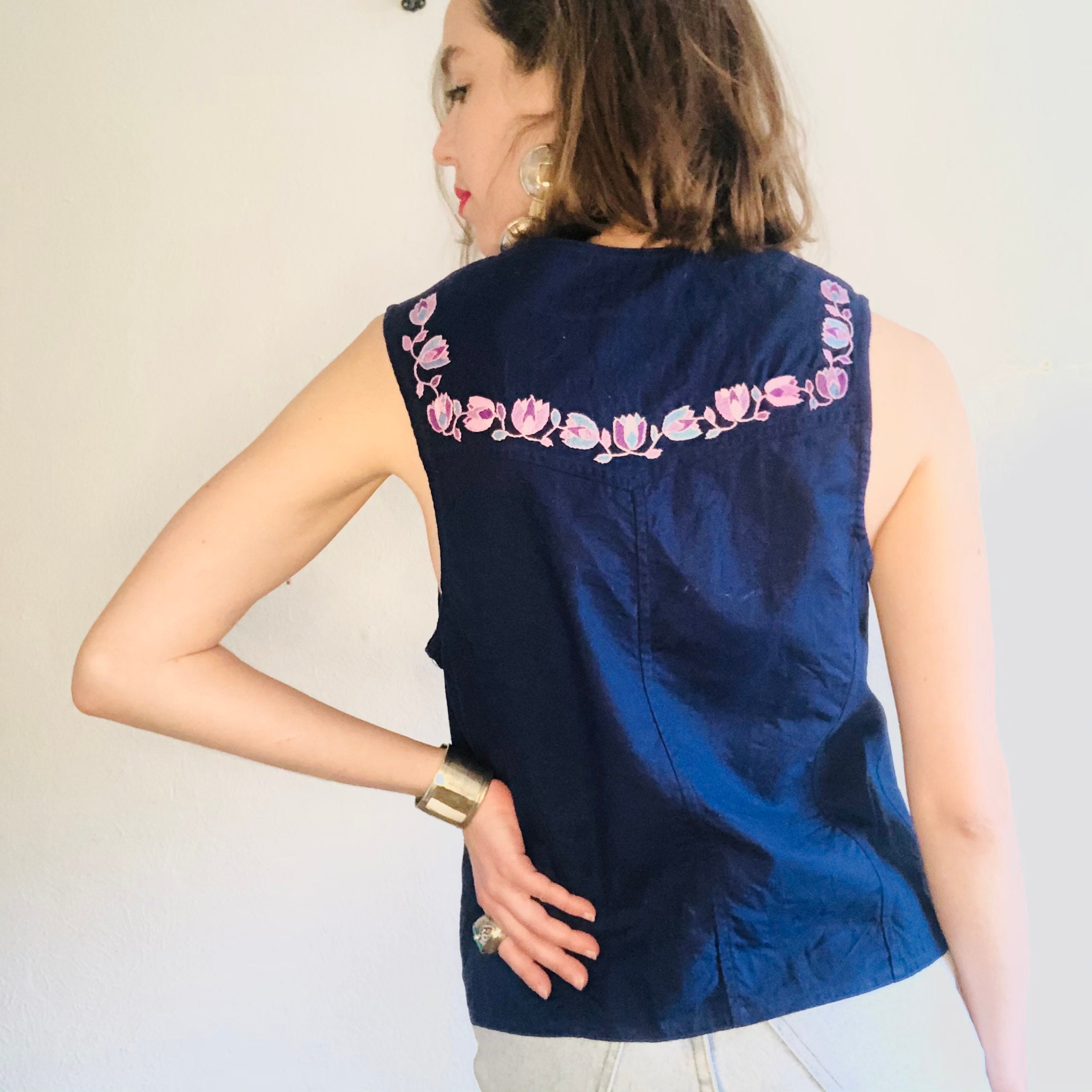 80s Linen Western Vest, Medium, Vintage, Navy Blue Western ...