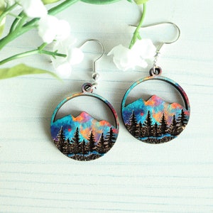 Adventure Mountain Sunset Forest Engrave Wood Dangle Earrings, Handmade ...