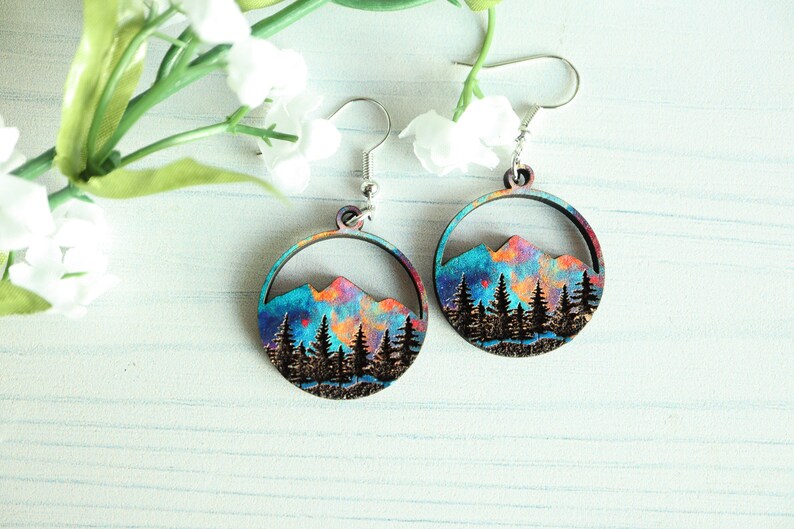 Adventure Mountain Sunset Forest Engrave Wood Dangle Earrings - Etsy