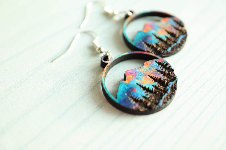 Adventure Mountain Sunset Forest Engrave Wood Dangle Earrings - Etsy