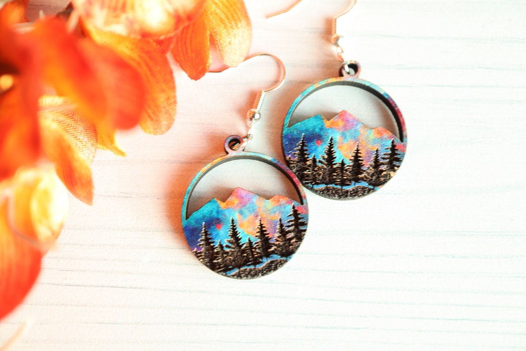 Adventure Mountain Sunset Forest Engrave Wood Dangle Earrings, Handmade ...