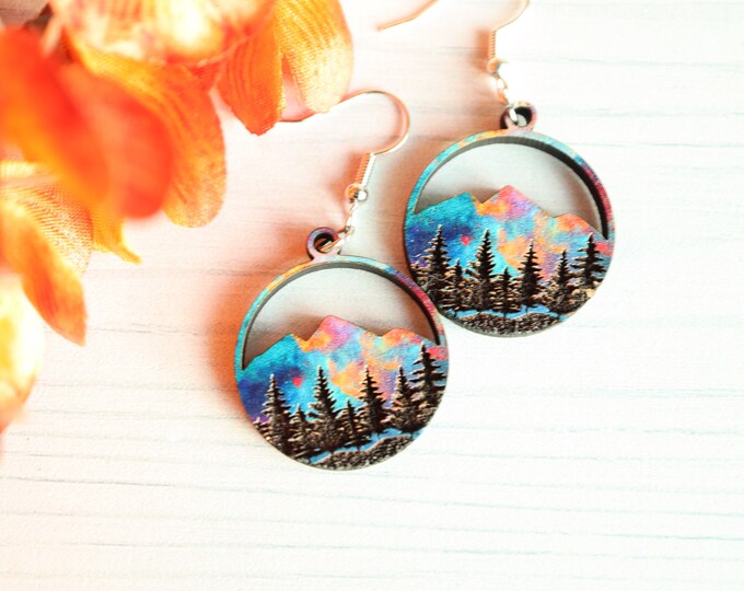Adventure Mountain Sunset Forest Engrave Wood Dangle Earrings, Handmade ...