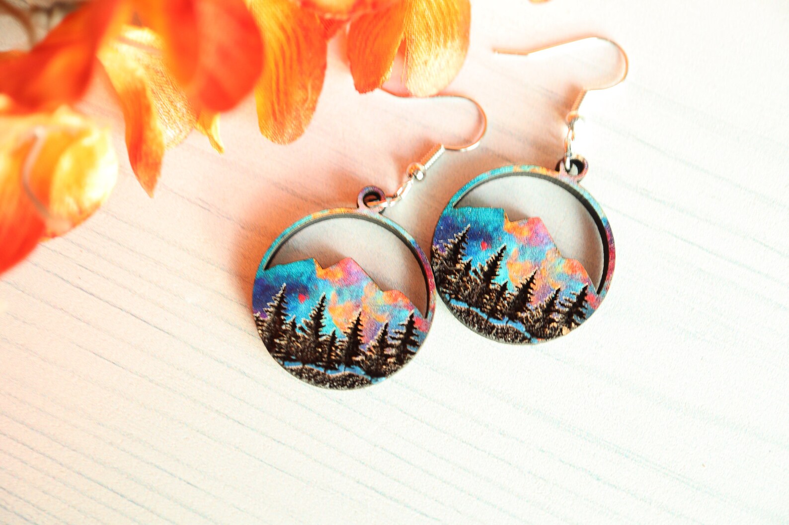 Adventure Mountain Sunset Forest Engrave Wood Dangle Earrings - Etsy