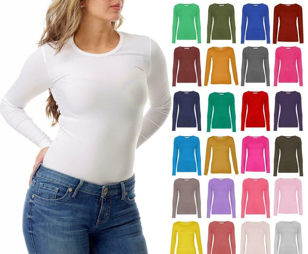 Plain T-shirt Ladies Women's Long Sleeve Round Neck T Shirt Top Plus ...