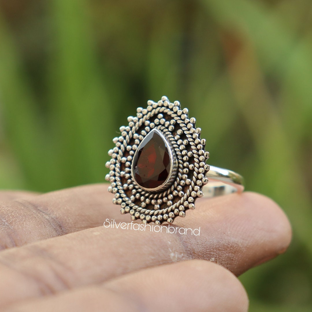 Natural Gernet Ring, Statement Sterling Silver Ring, Handmade Women's ...