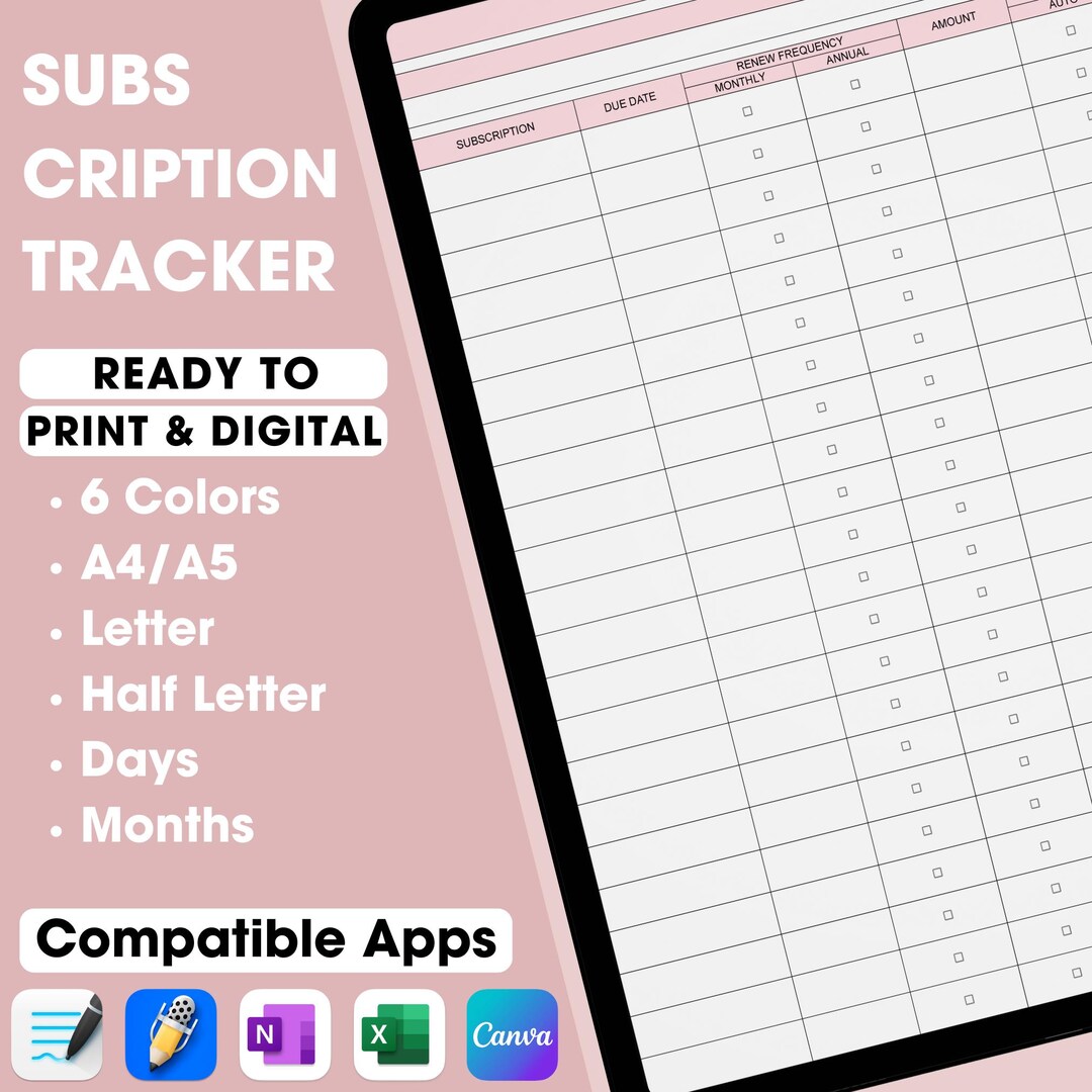 Printable SUBSCRIPTION TRACKER, Subscription Tracker, Subscription ...