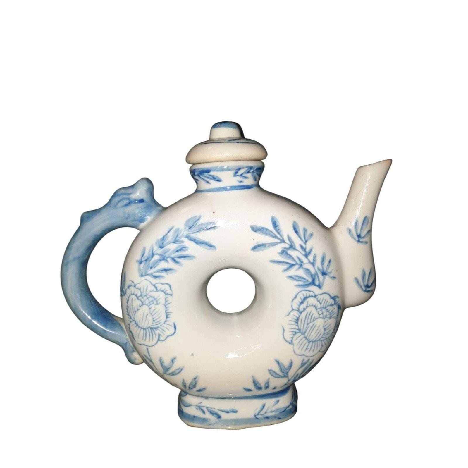 Vintage Chinese Blue & White Teapot Donut Shape Porcelain - Etsy