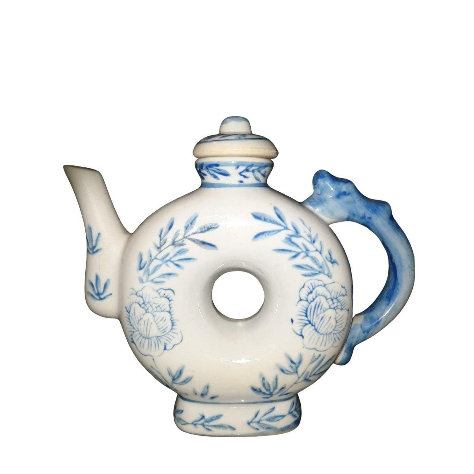 Vintage Chinese Blue & White Teapot Donut Shape Porcelain - Etsy
