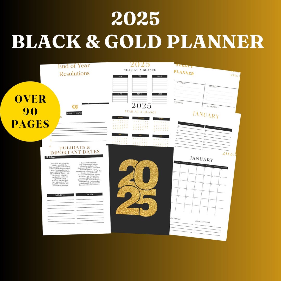 2025 Black and Gold Digital Planner Calendar Planner Monthly and Weekly ...