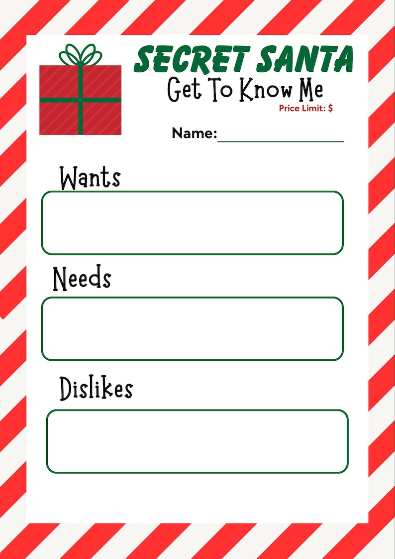 Printable Secret Santa Wish List, Gift Exchange Template, Pollyanna ...