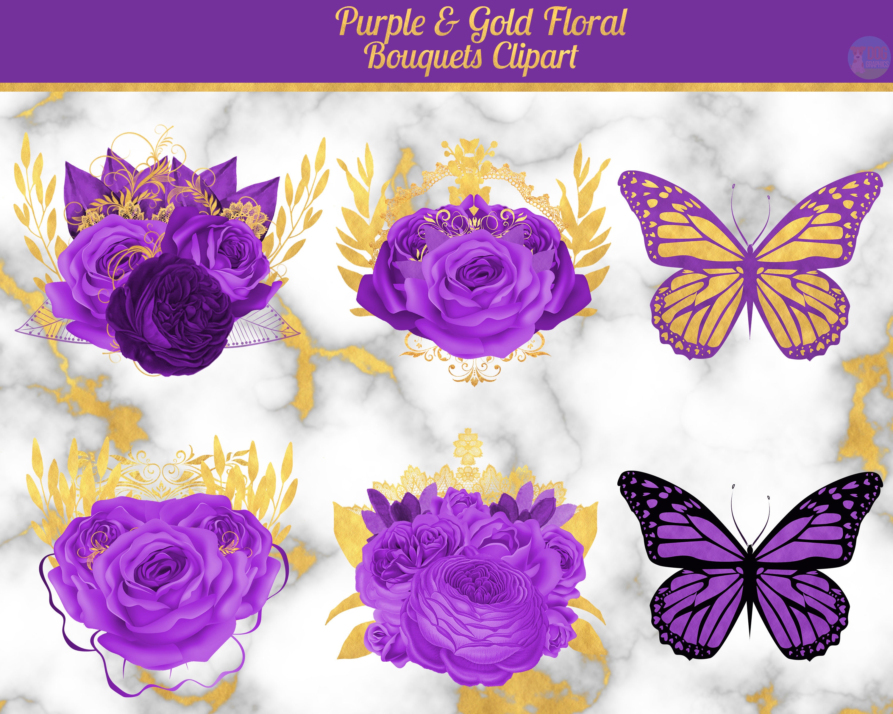 Purple and Gold Floral Clip Art Purple Gold Digital Instant | Etsy