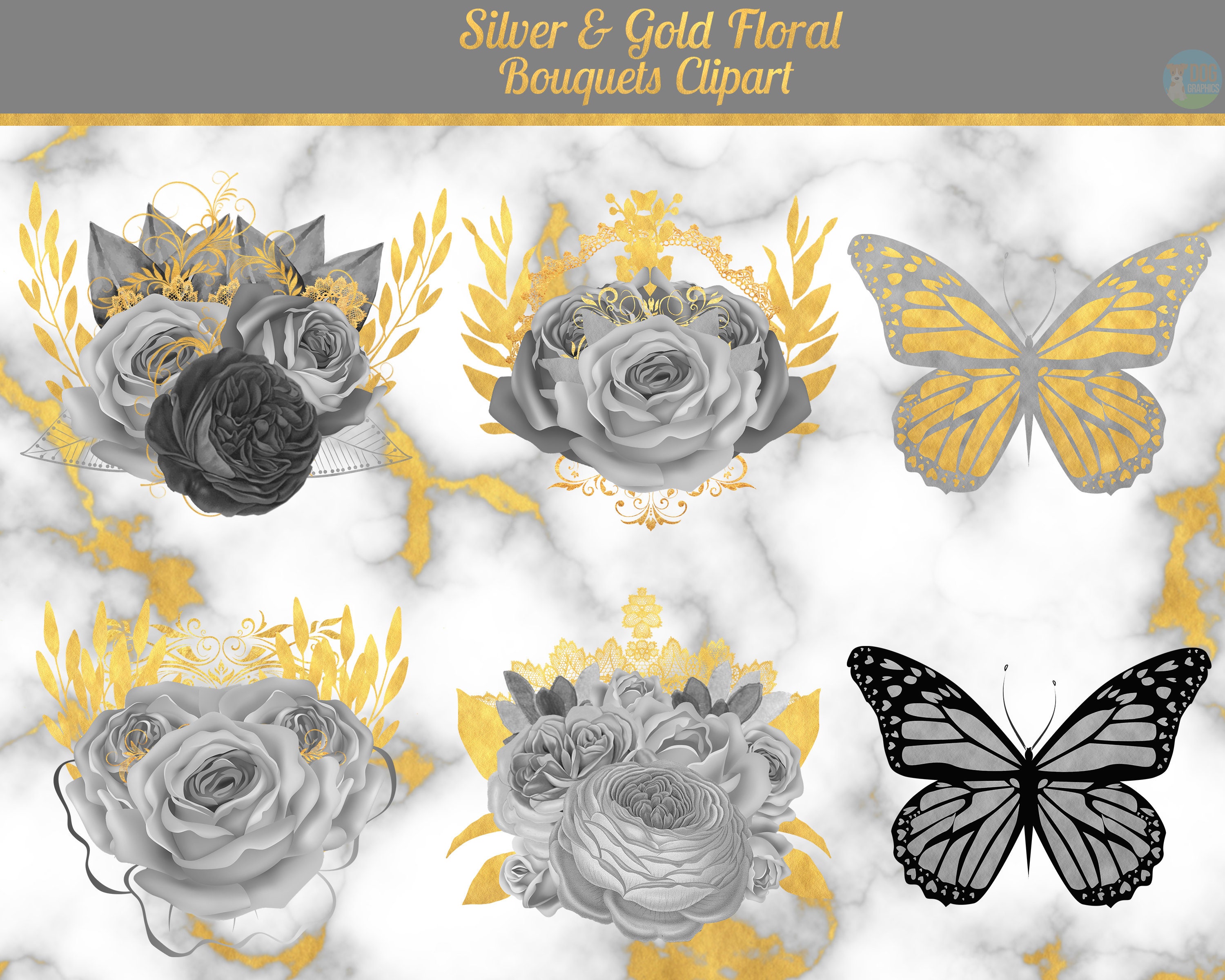 Silver and Gold Floral Clip Art Silver Gold Digital Instant | Etsy