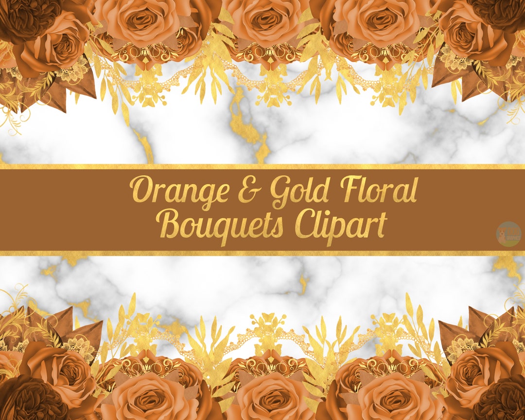 Orange and Gold Floral Clip Art, Orange Gold, Digital Instant Download ...