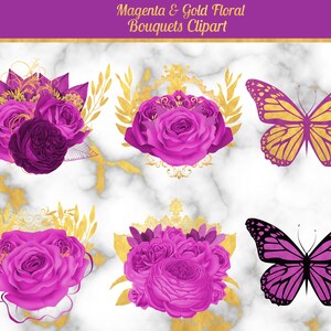 Magenta and Gold Floral Clip Art Magenta Gold Digital - Etsy
