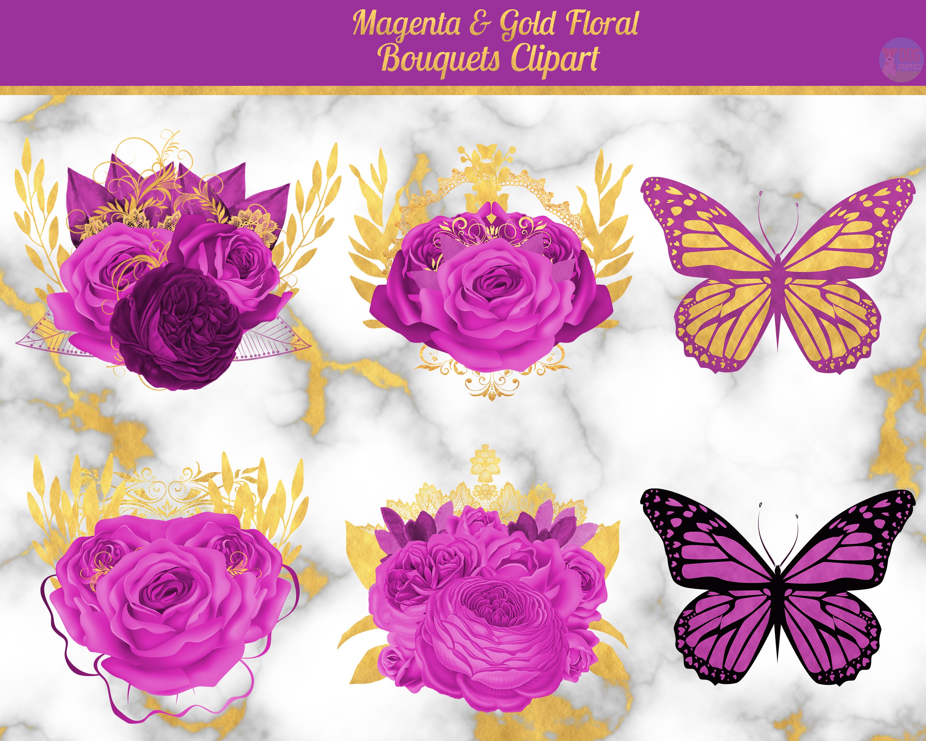 Magenta and Gold Floral Clip Art Magenta Gold Digital - Etsy