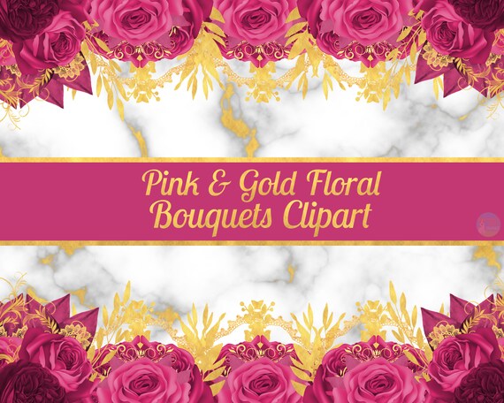 Pink and Gold Floral Clip Art Pink Gold Digital Instant - Etsy