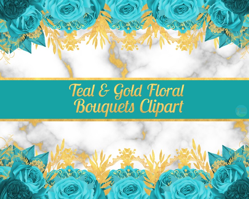 Teal and Gold Floral Clip Art Teal Gold Digital Instant | Etsy