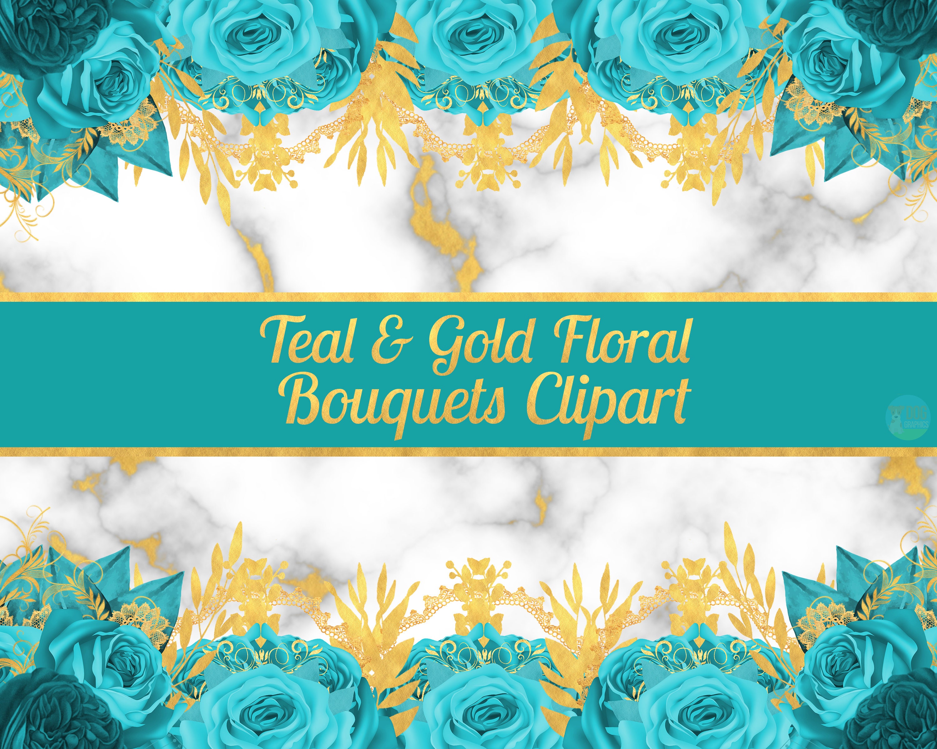 Teal and Gold Floral Clip Art Teal Gold Digital Instant - Etsy