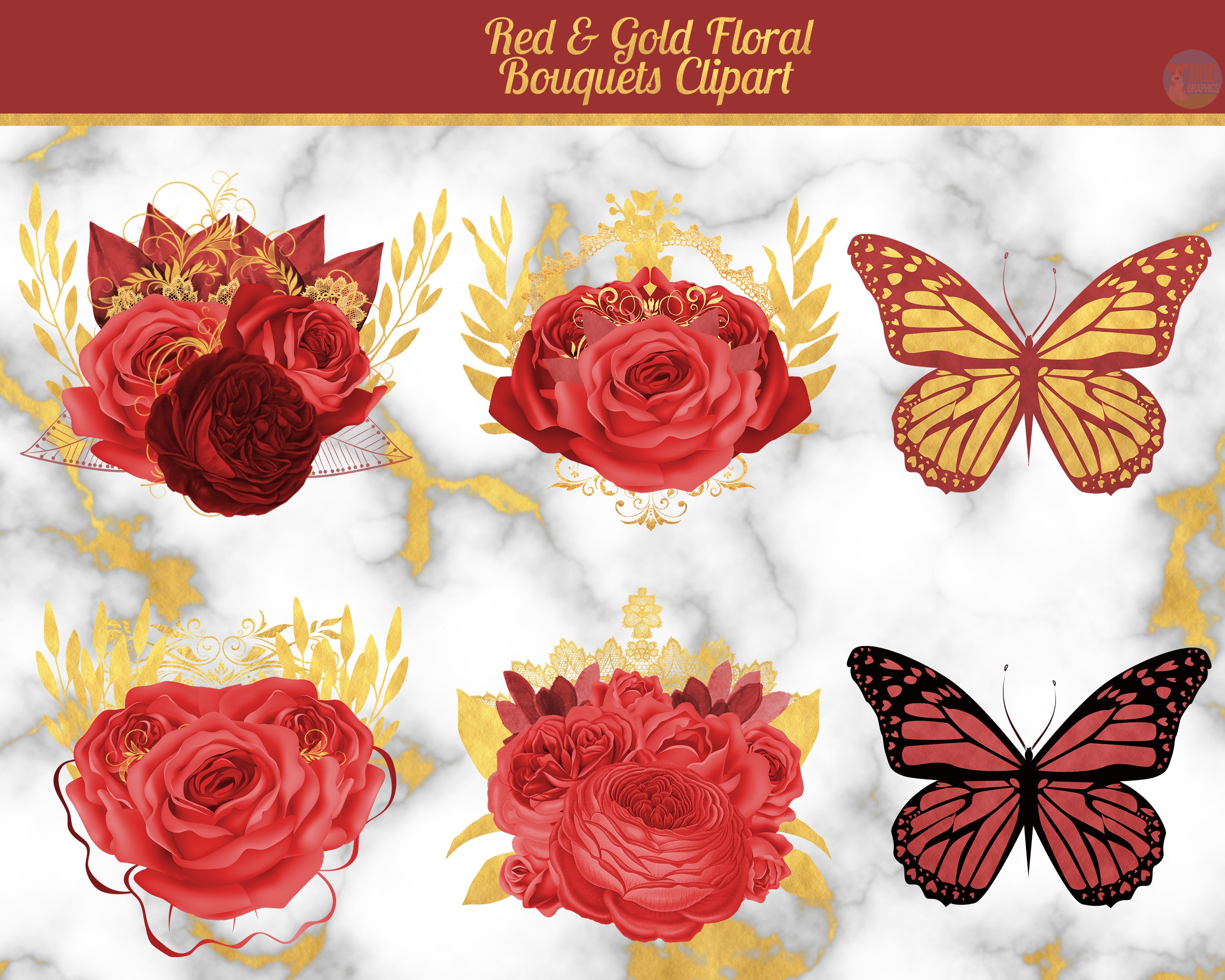 Red and Gold Floral Clip Art Red Gold Digital Instant | Etsy
