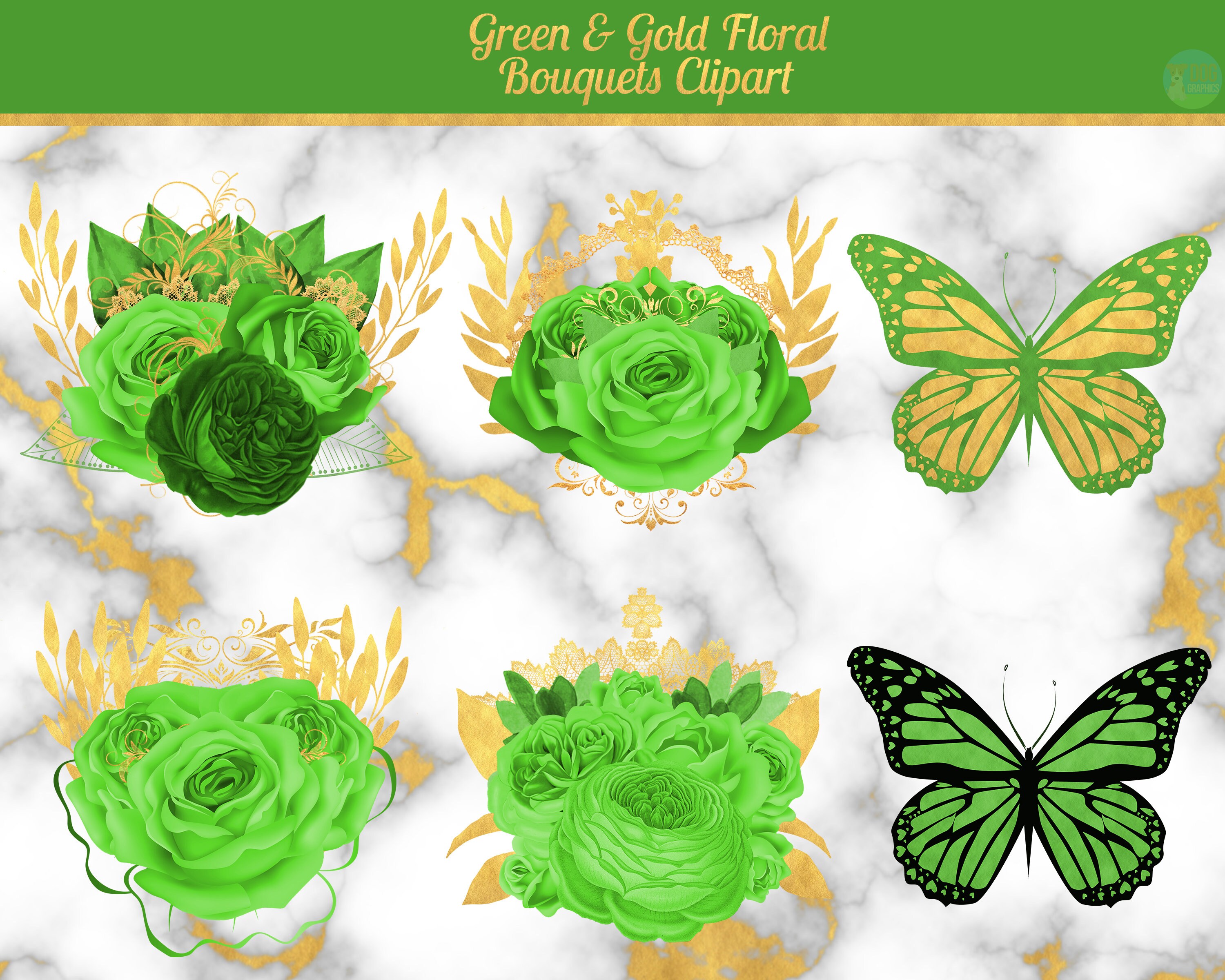 Green and Gold Floral Clip Art Green Gold Digital Instant - Etsy
