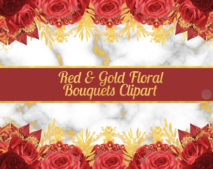 Red and Gold Floral Clip Art, Red Gold, Digital Instant Download Flower ...