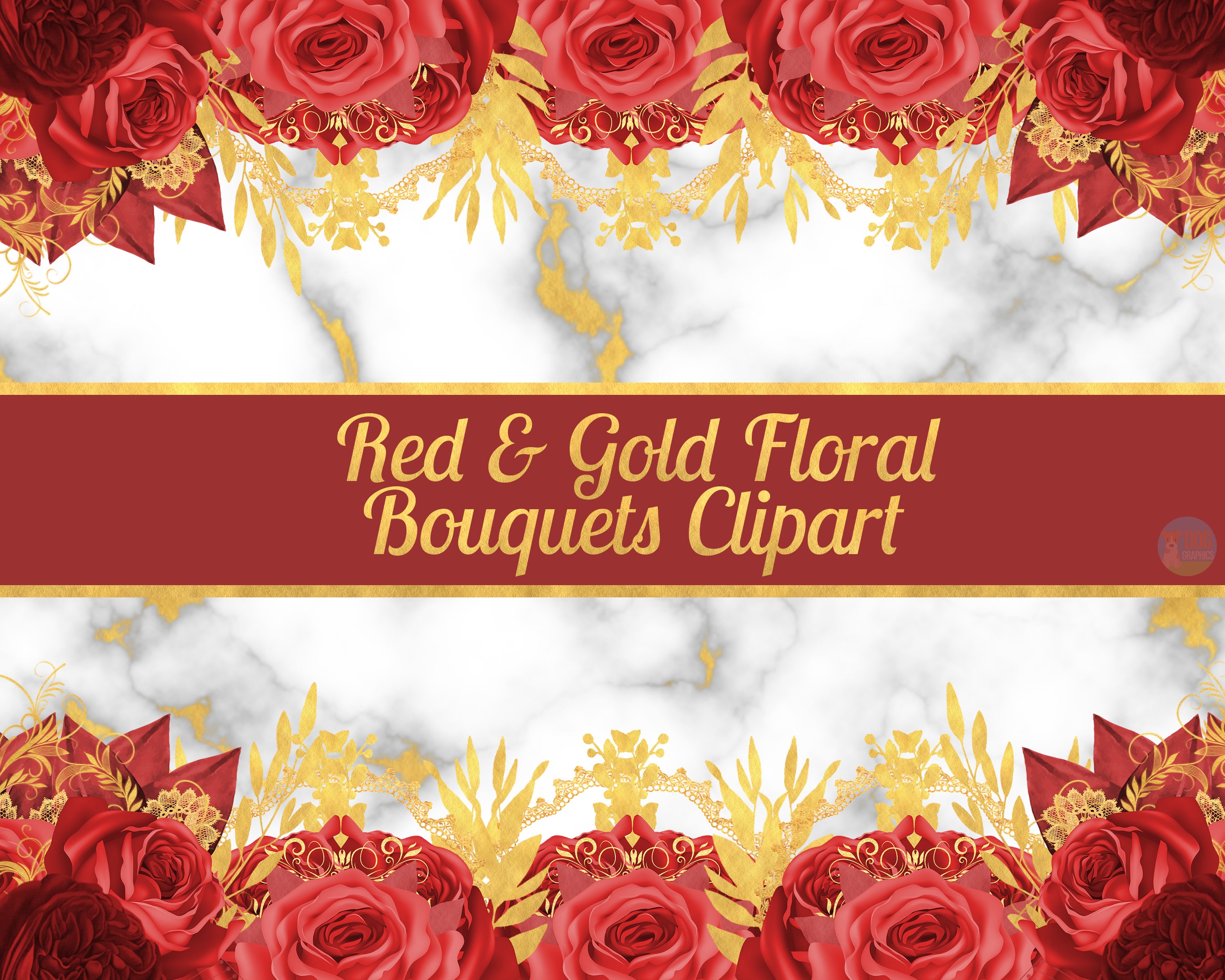 Red and Gold Floral Clip Art Red Gold Digital Instant | Etsy