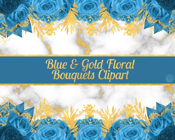 Blue and Gold Floral Clip Art Blue Gold Digital Instant | Etsy