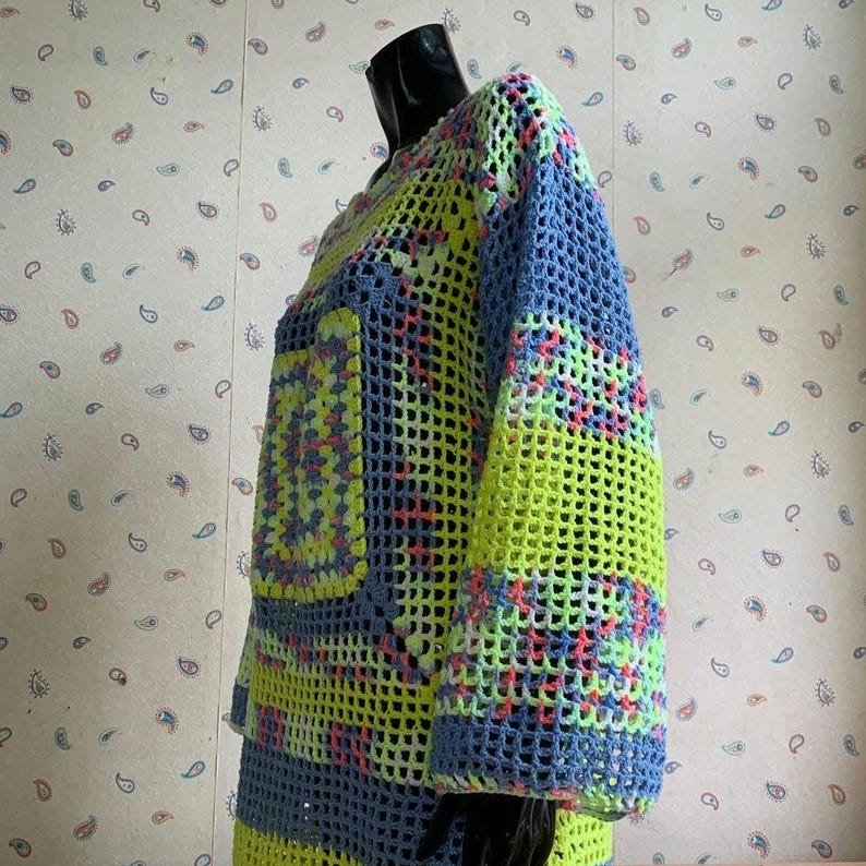 Colorful Boho Chic Granny Square Dress, Crochet Cotton Tunic, Hollow ...