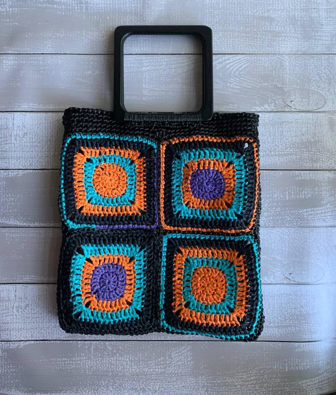 Boho Chic Raffia Tote With Wooden Handles, Granny Square Pattern Bag in ...
