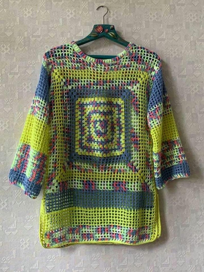 Colorful Boho Chic Granny Square Dress, Crochet Cotton Tunic, Hollow ...