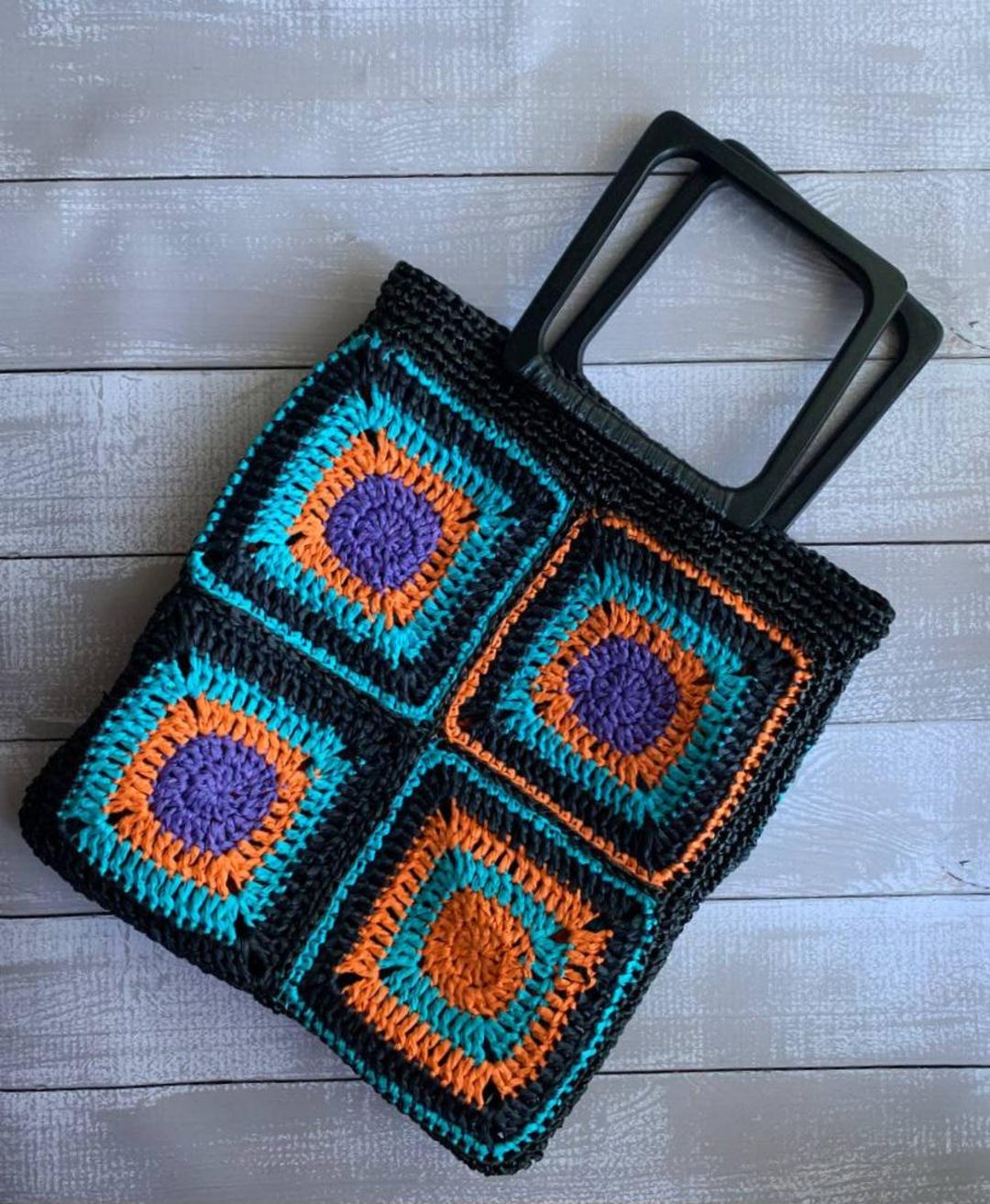 Boho Chic Raffia Tote With Wooden Handles, Granny Square Pattern Bag in ...