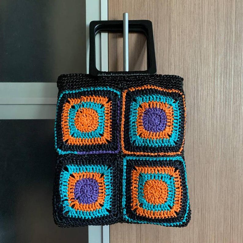 Boho Chic Raffia Tote With Wooden Handles, Granny Square Pattern Bag in ...
