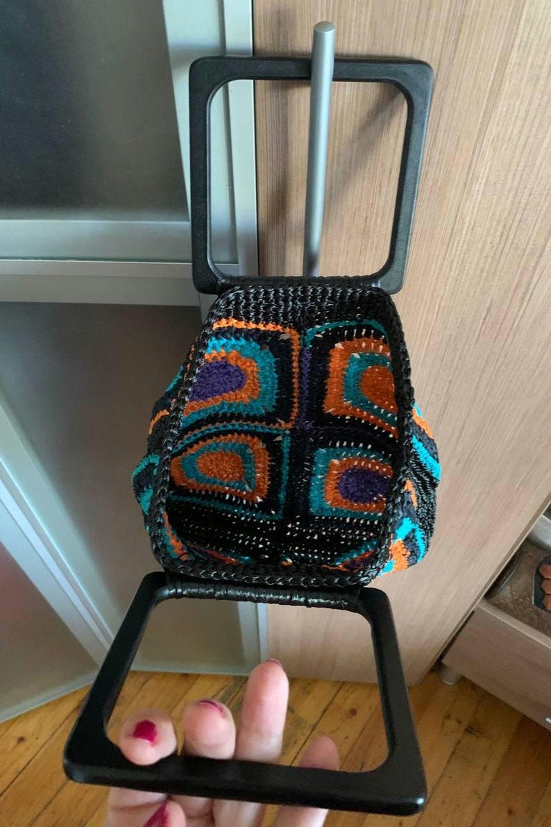 Boho Chic Raffia Tote With Wooden Handles, Granny Square Pattern Bag in ...