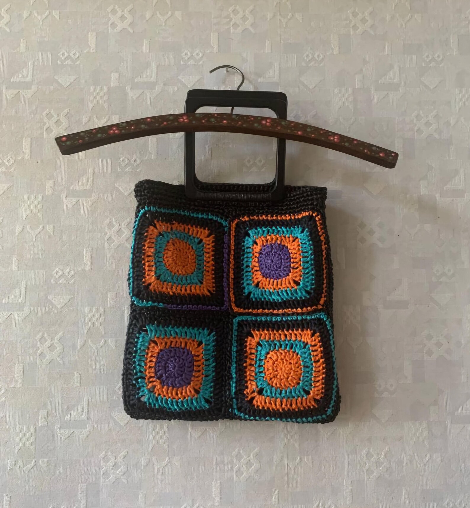 Boho Chic Raffia Tote With Wooden Handles, Granny Square Pattern Bag in ...