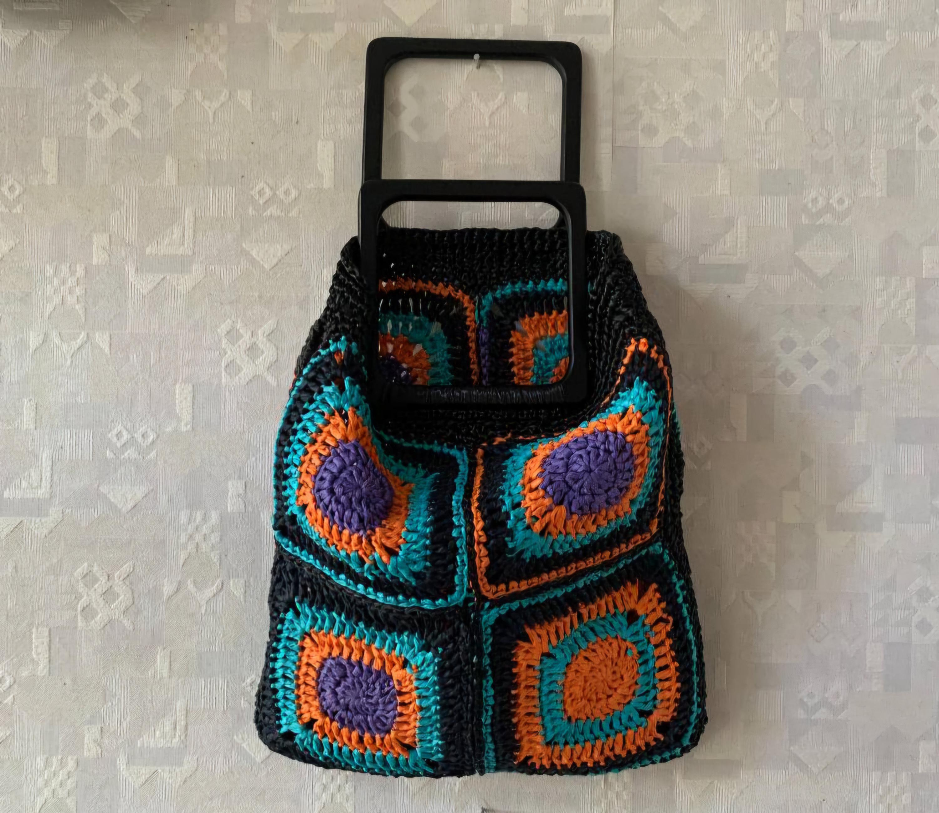 Boho Chic Raffia Tote With Wooden Handles, Granny Square Pattern Bag in ...